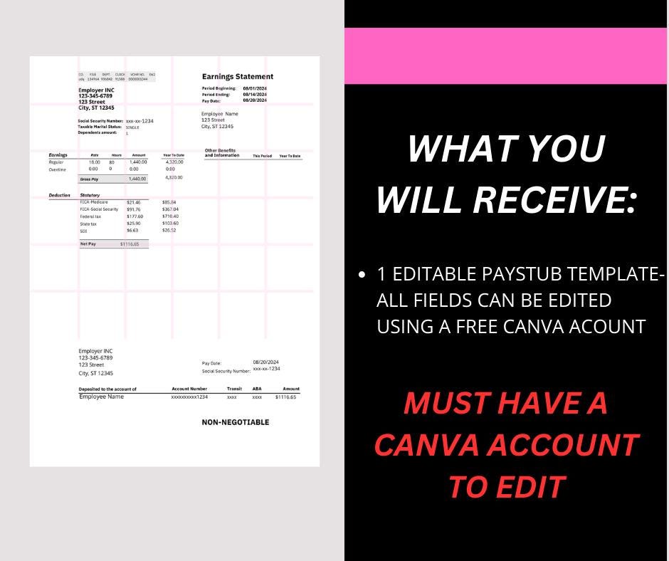Editable Pay Stub Template | Professional Check Stub | Canva Template ...