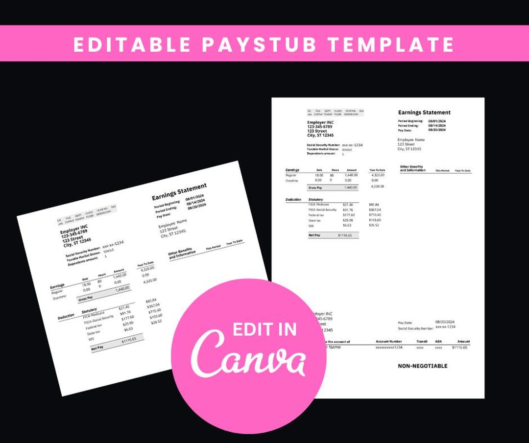 Editable Pay Stub Template | Professional Check Stub | Canva Template ...