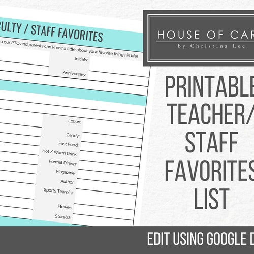 Teacher Favorites Staff Favorites Form Printable Forms for | Etsy