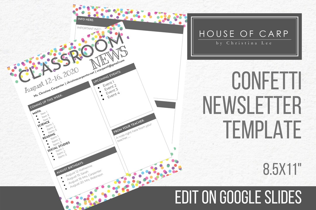 INSTANT DOWNLOAD: Confetti Newsletter Template Using Google Slides, Fun ...