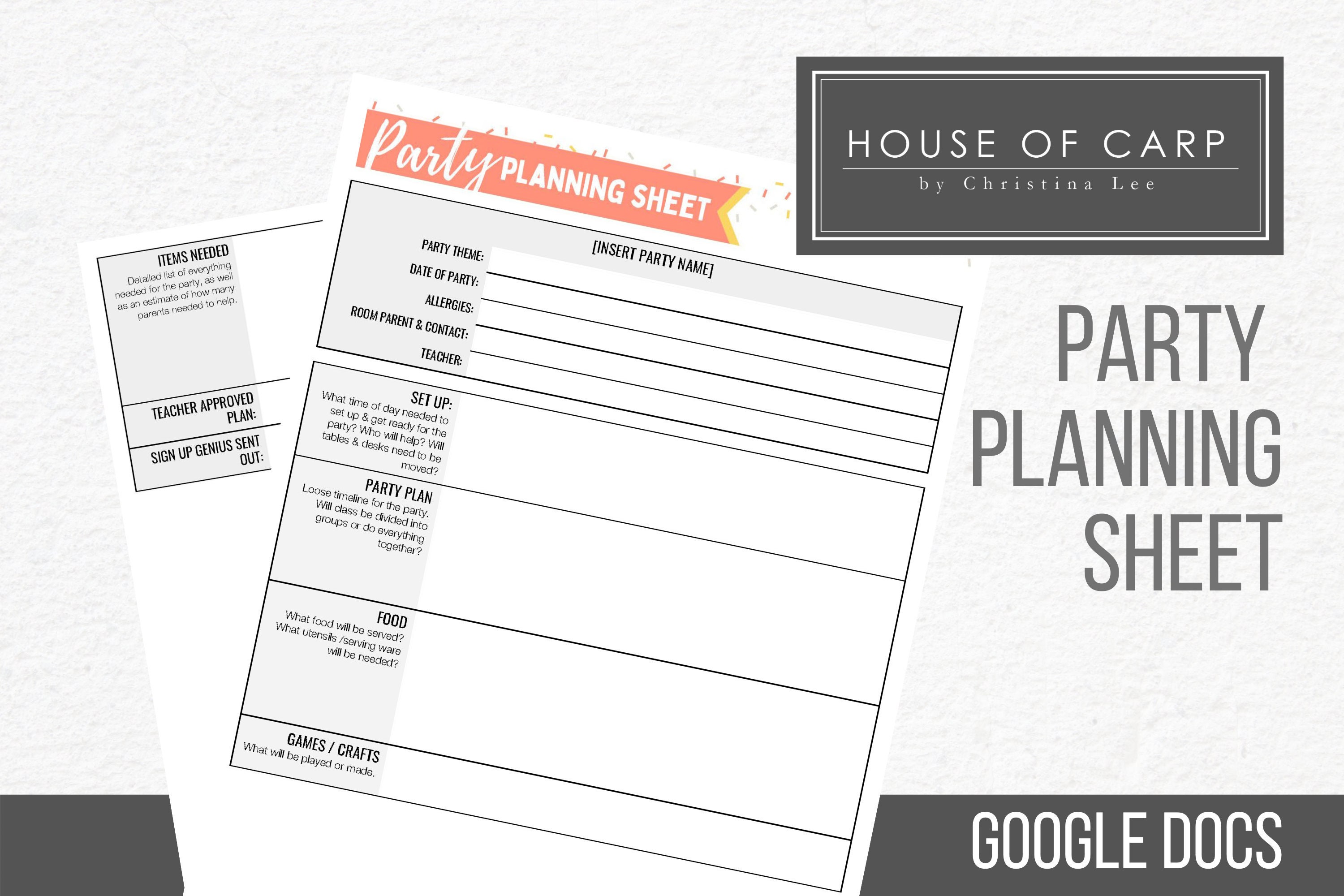 Room Mom Party Planning Sheet Room Parent Planner Party Planning Sheet ...