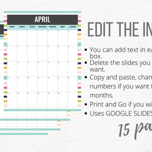 Printable Calendar, Calendar on Google Slides, Editable Calendar ...