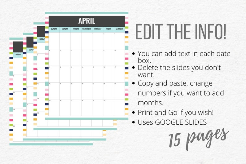 Printable Calendar Calendar on Google Slides Editable - Etsy