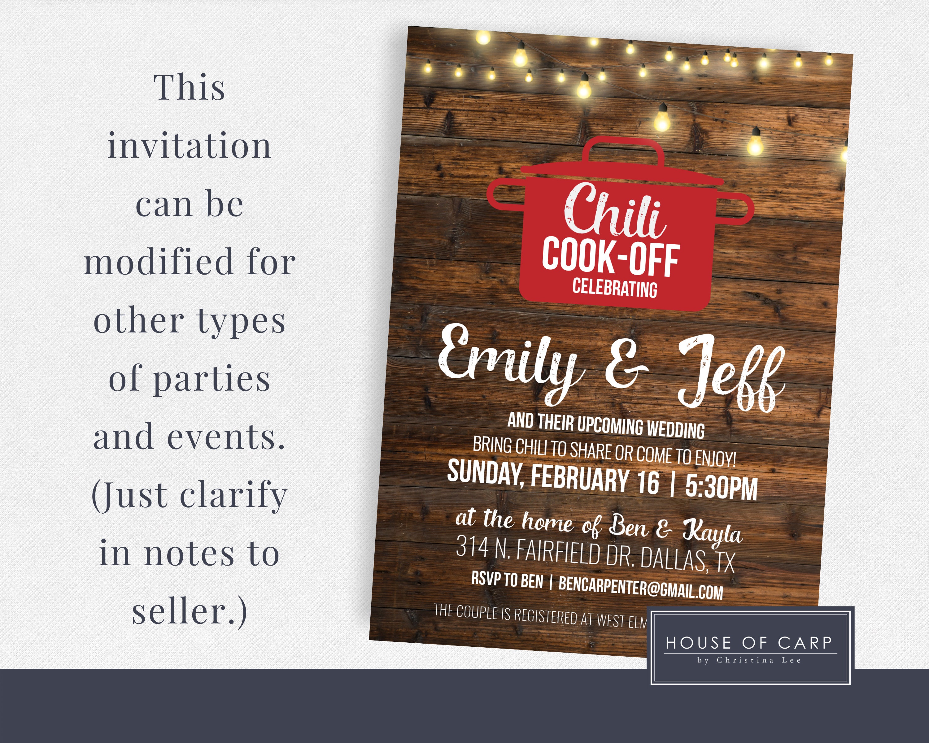 Red Rustic Chili Supper Invitation Chili Cook off Invitation Wood ...