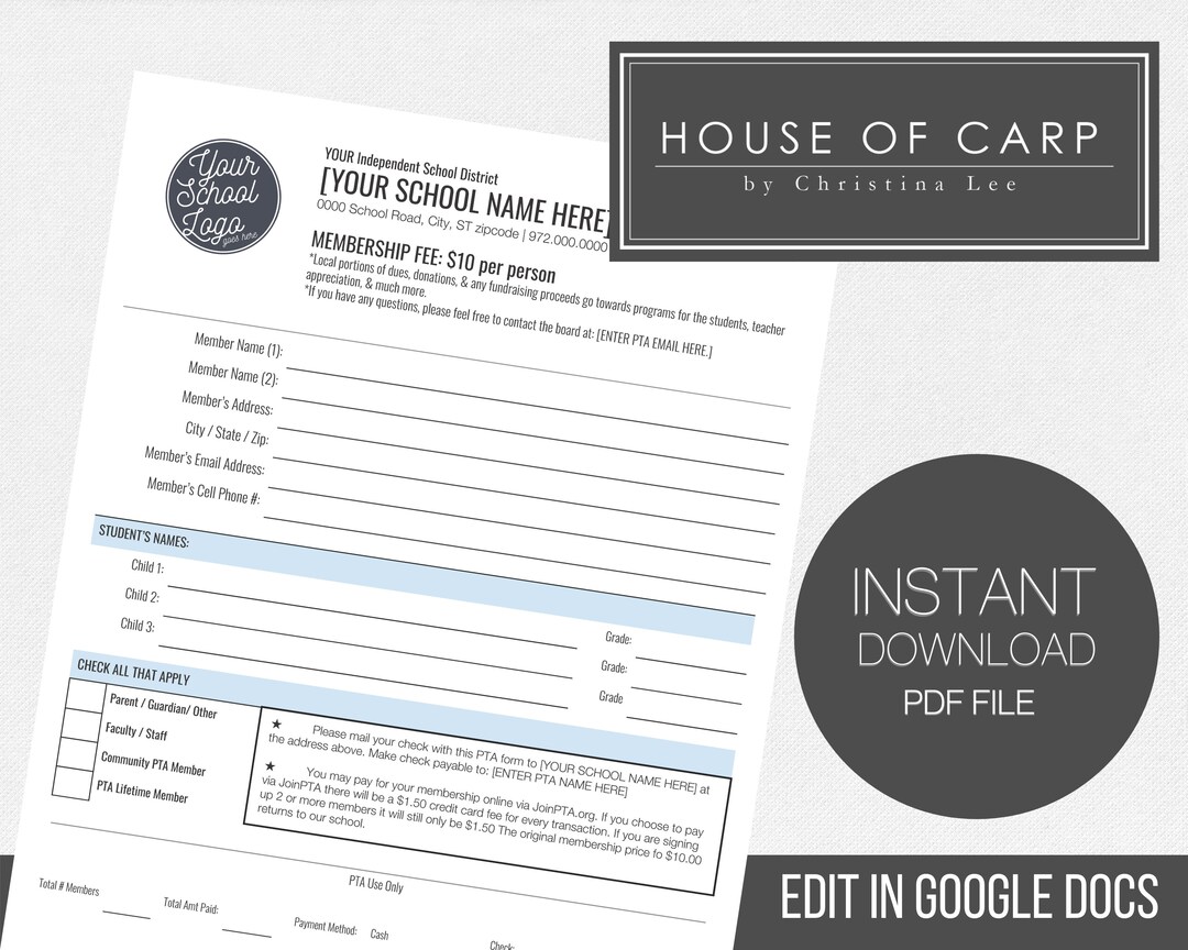 Editable Membership Form PTO, PTA, PTSA Membership Form - Etsy