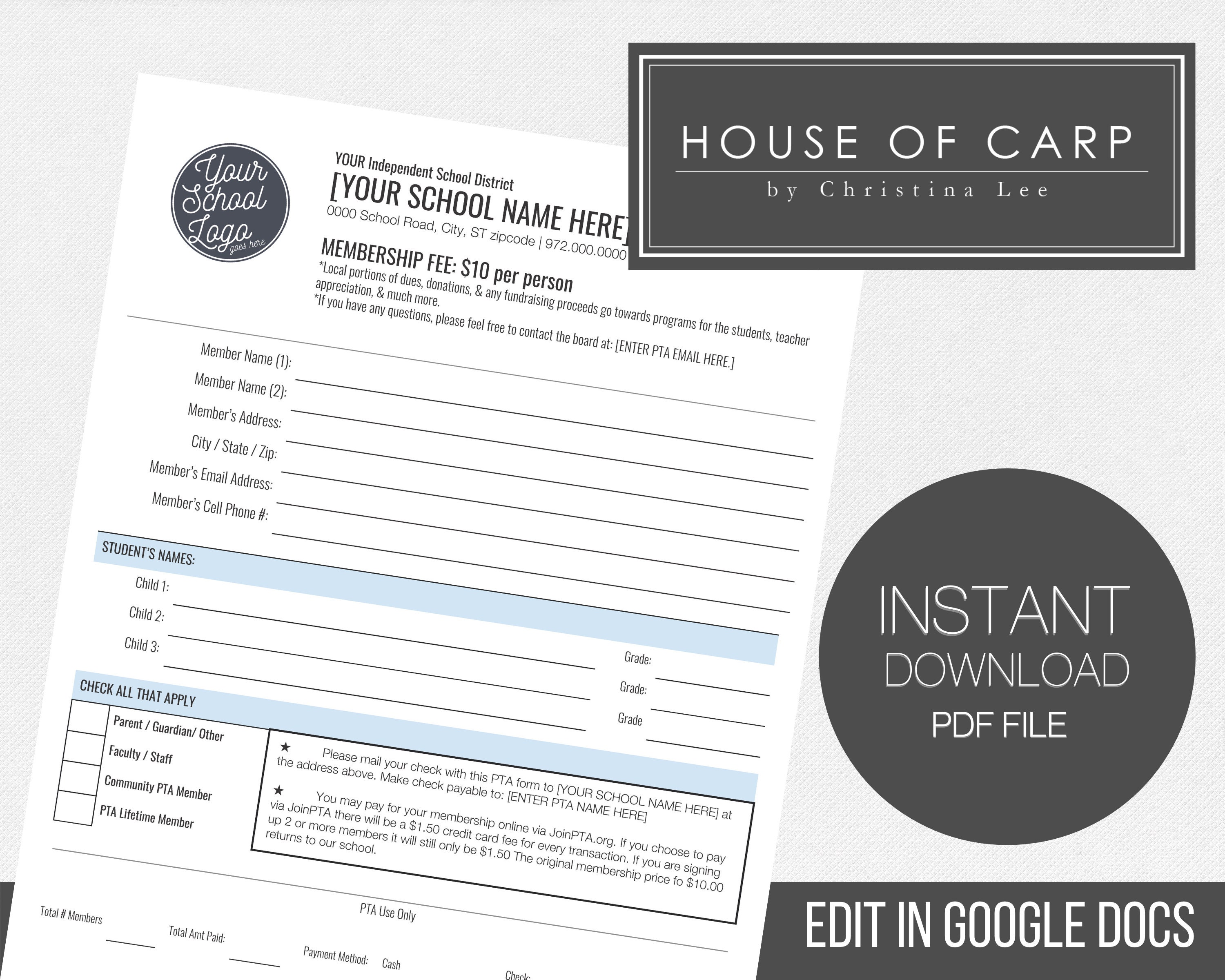 Editable Membership Form PTO, PTA, PTSA Membership Form - Etsy