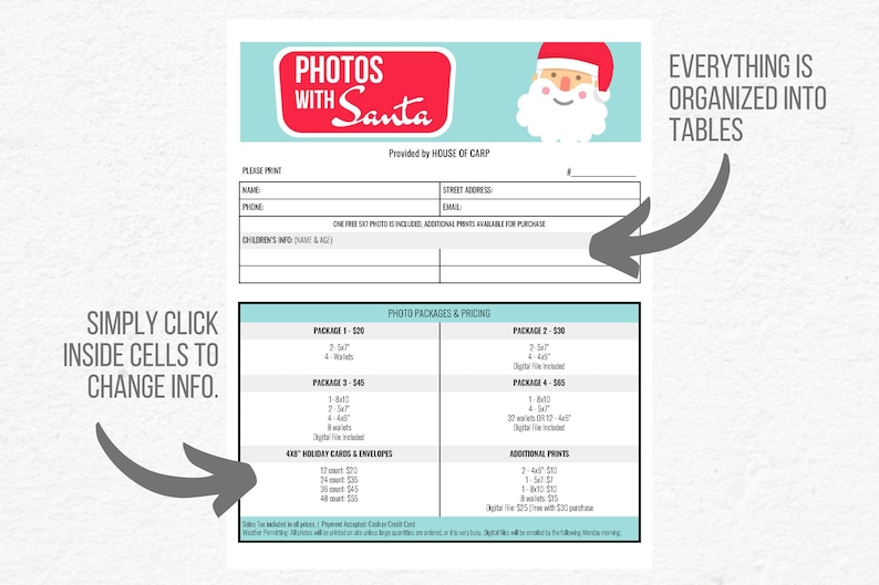 INSTANT DOWNLOAD: Santa Photos Order Form Photographer Forms | Etsy