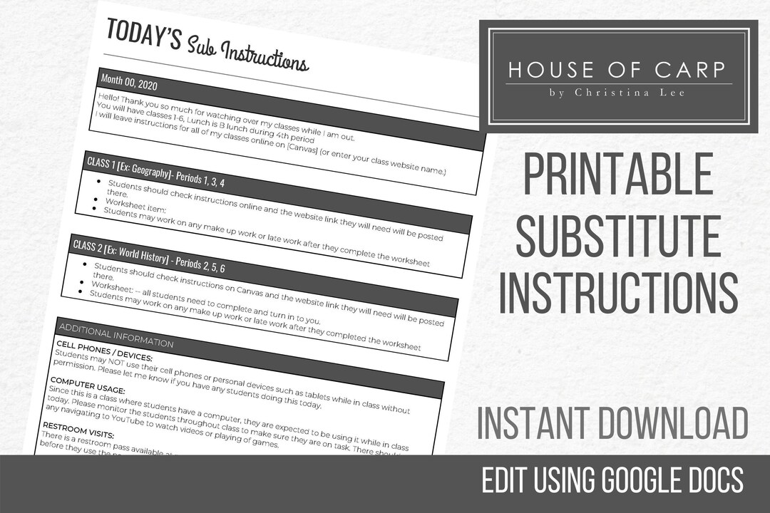 INSTANT DOWNLOAD: Substitute Instructions Using Google Docs, Teacher ...