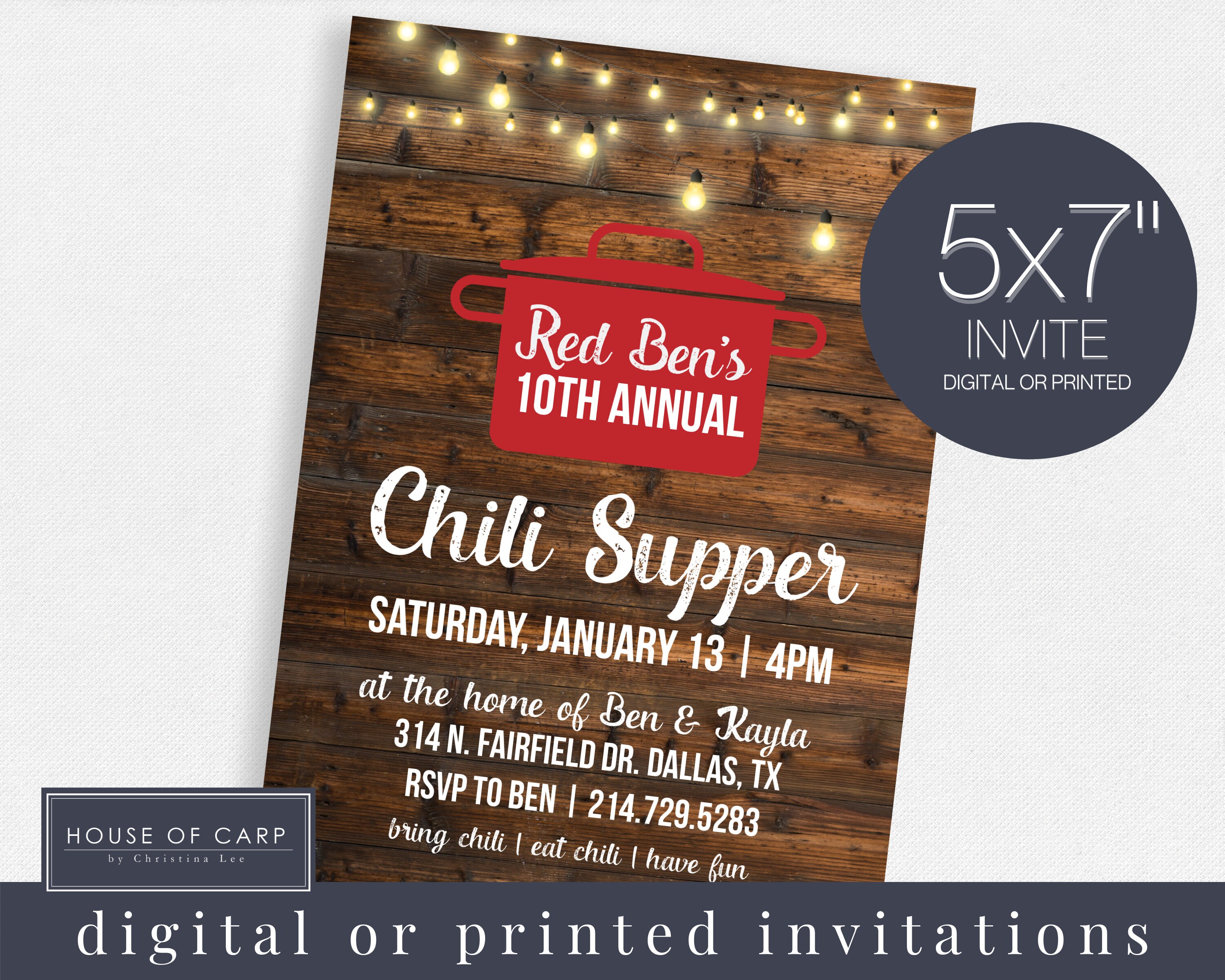 Red Rustic Chili Supper Invitation Chili Cook off Invitation Wood ...