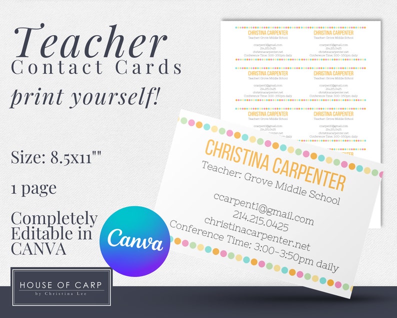 Teacher Contact Cards, Teacher Business Cards, Back to School Classroom ...