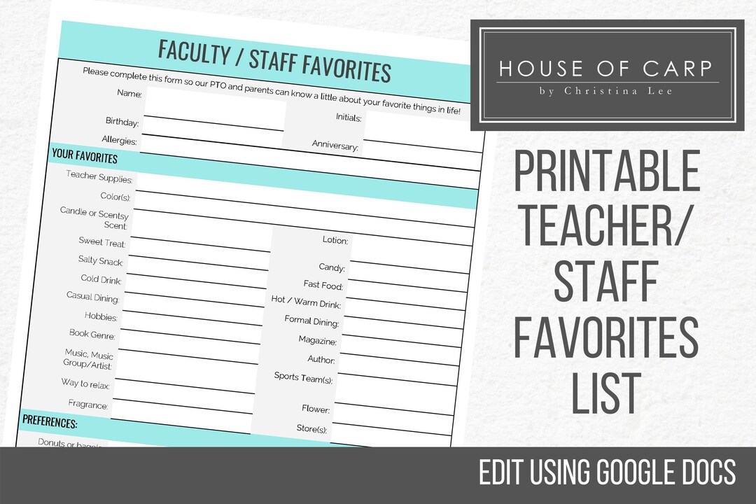Teacher Favorites Staff Favorites Form Printable, Forms for Room Parent ...