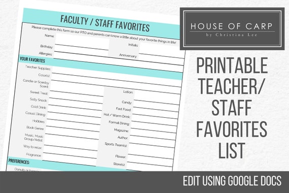 Teacher Favorites Staff Favorites Form Printable Forms for - Etsy
