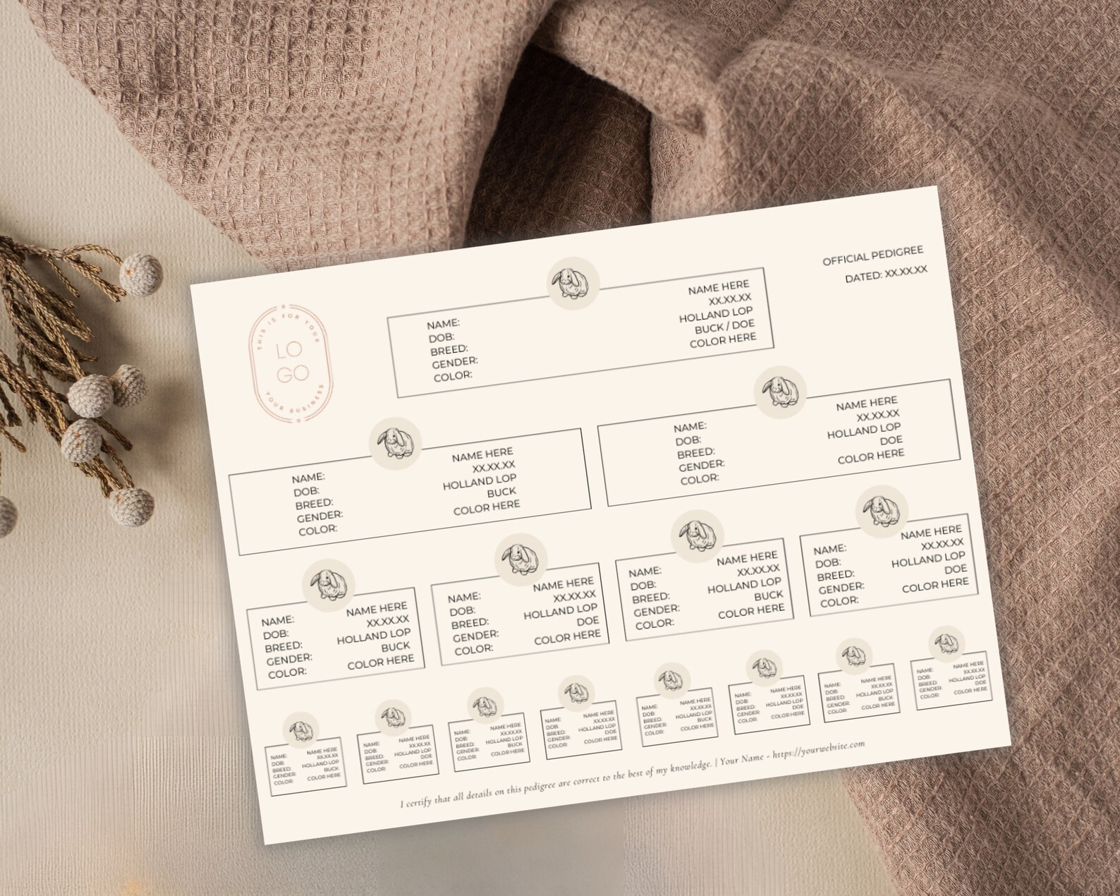 Editable Rabbit Pedigree | Editable Canva Template | Holland Lop ...