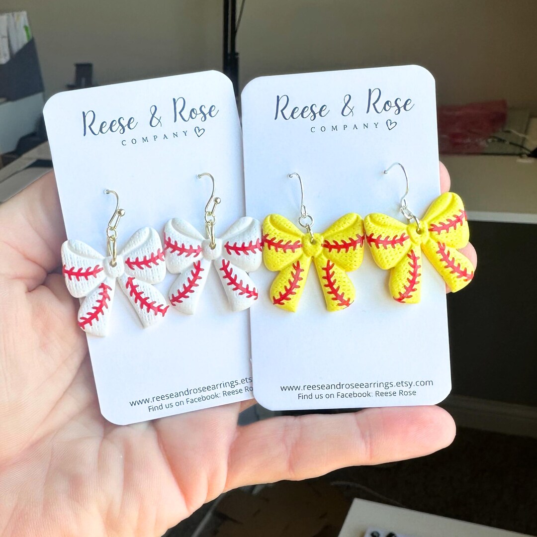 Baseball and Softball Bow Earrings / Polymer Clay Baseball Mom Jewelry ...