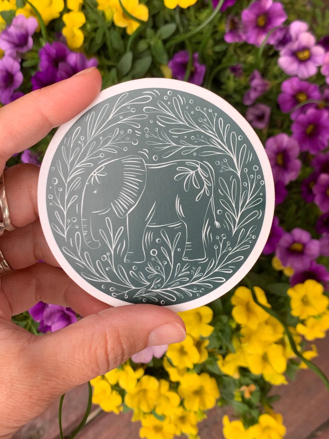 Emerald Green Botanical Elephant Vinyl Sticker / Floral Block Print ...