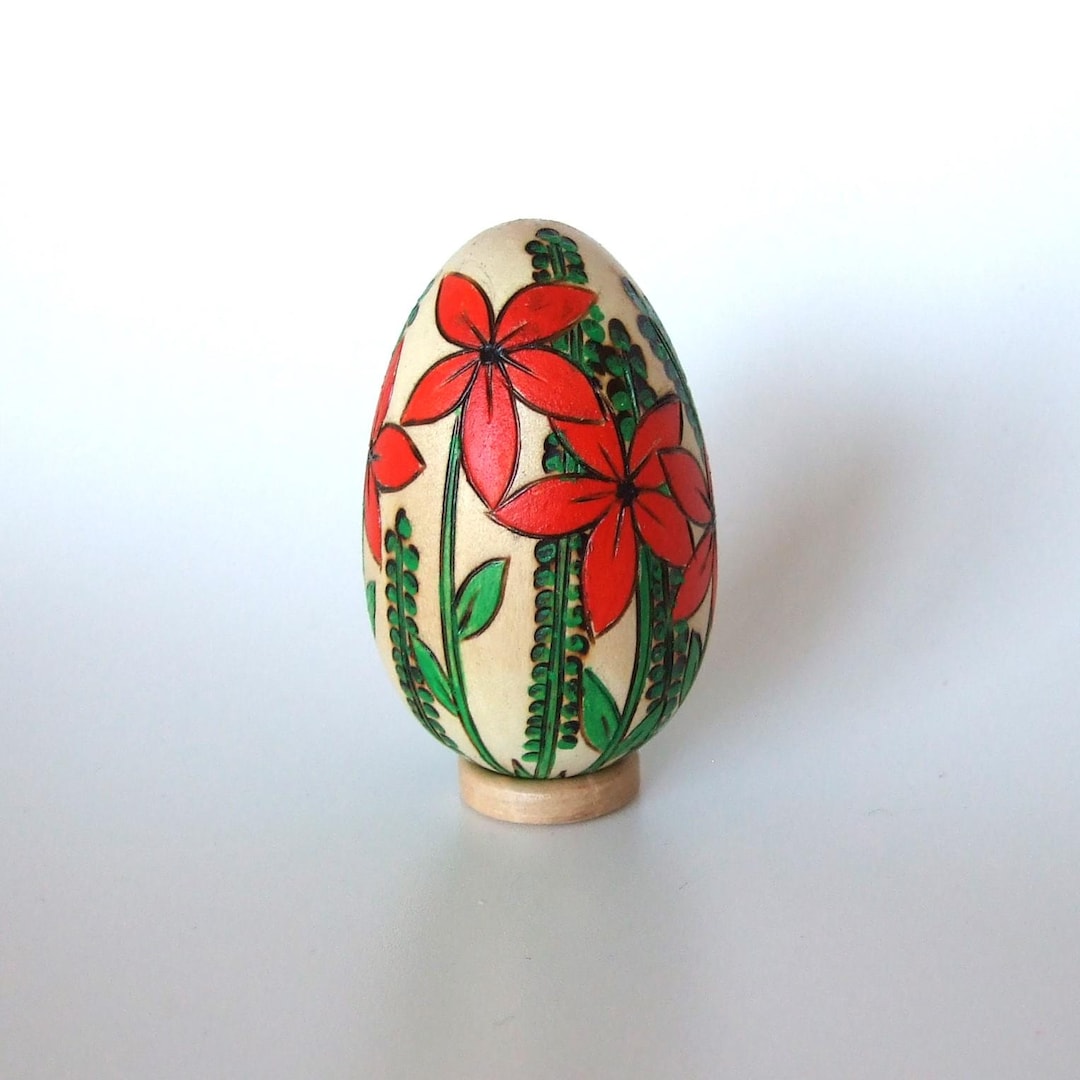 Colorful Wooden Egg- Wood Burned Egg, Flower Design, Pyrography, Easter ...