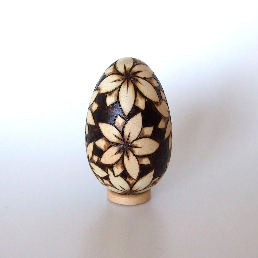 Decorated Wooden Egg- Wood Burned Egg, Flower Design, Pyrography ...