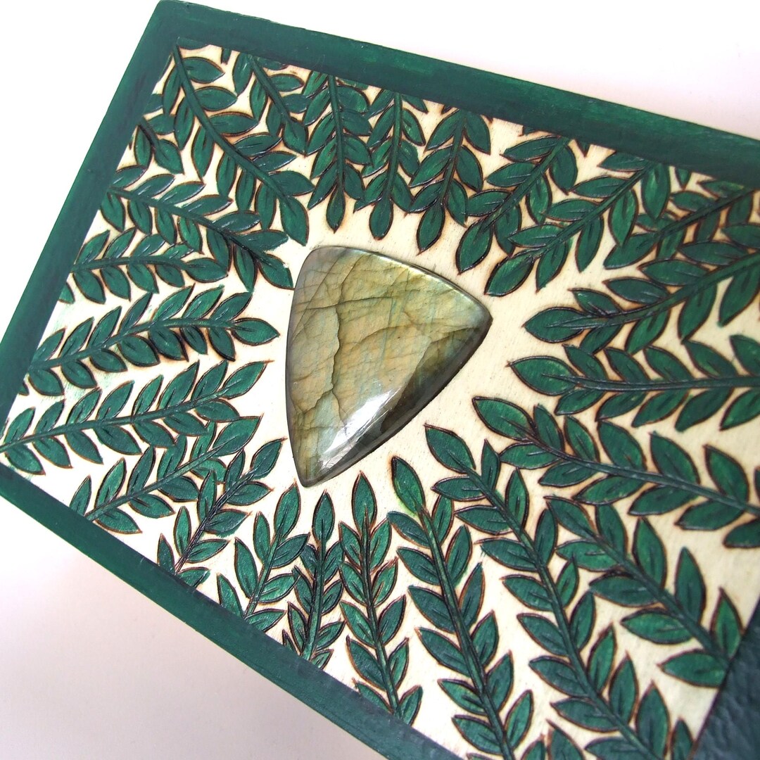 Wood Burned Box With Labradorite, Leaf Box, Pyrography, Wood Burned Box ...