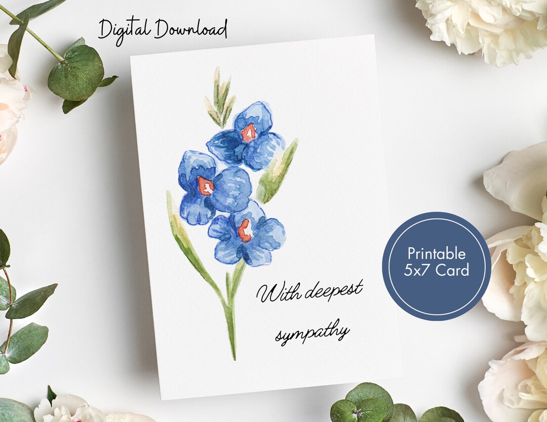Printable Sympathy Card, Blue Flowers, Floral, Bereavement Card ...