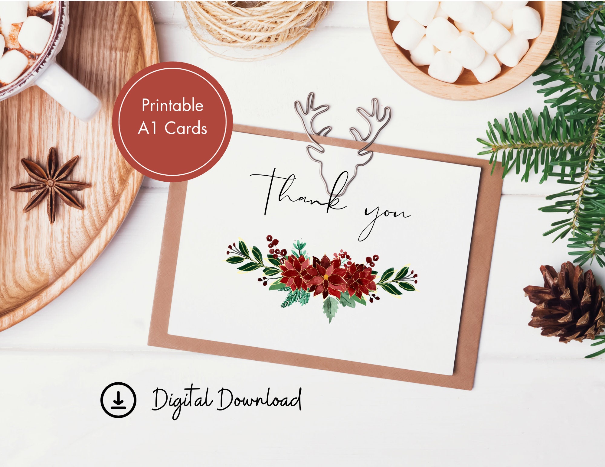 Printable Christmas Thank You Card, Printable Christmas Thank You Note ...