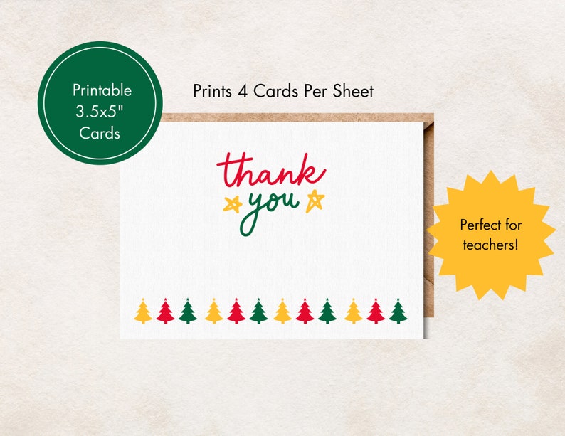 Printable Christmas Thank You Cards, Holiday Thank You Note, Teachers ...
