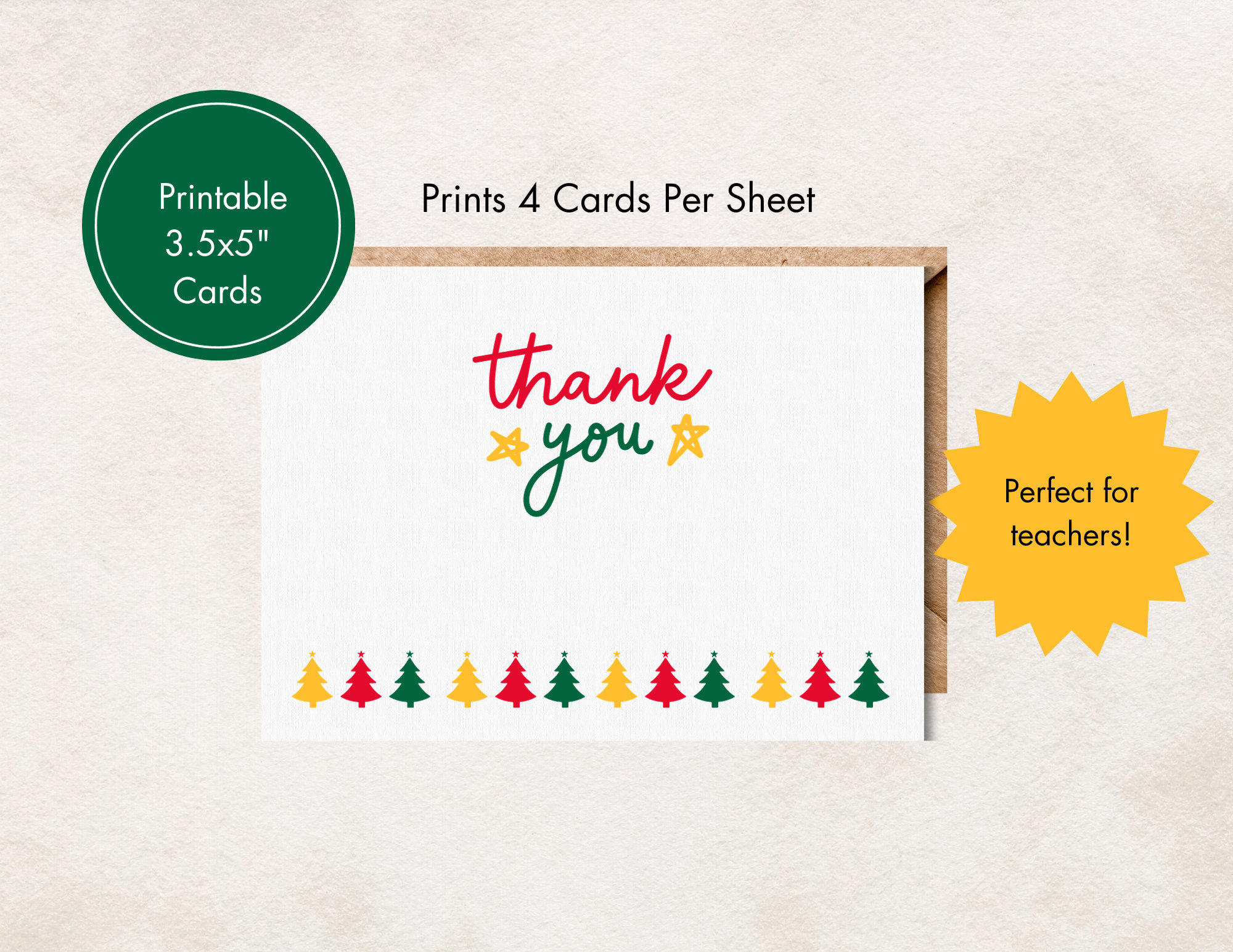 Printable Christmas Thank You Cards, Holiday Thank You Note, Teachers ...