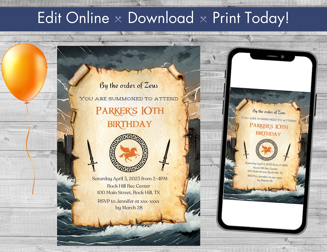 Percy Jackson Birthday Invitation, Template, Printable, Camp Halfblood ...
