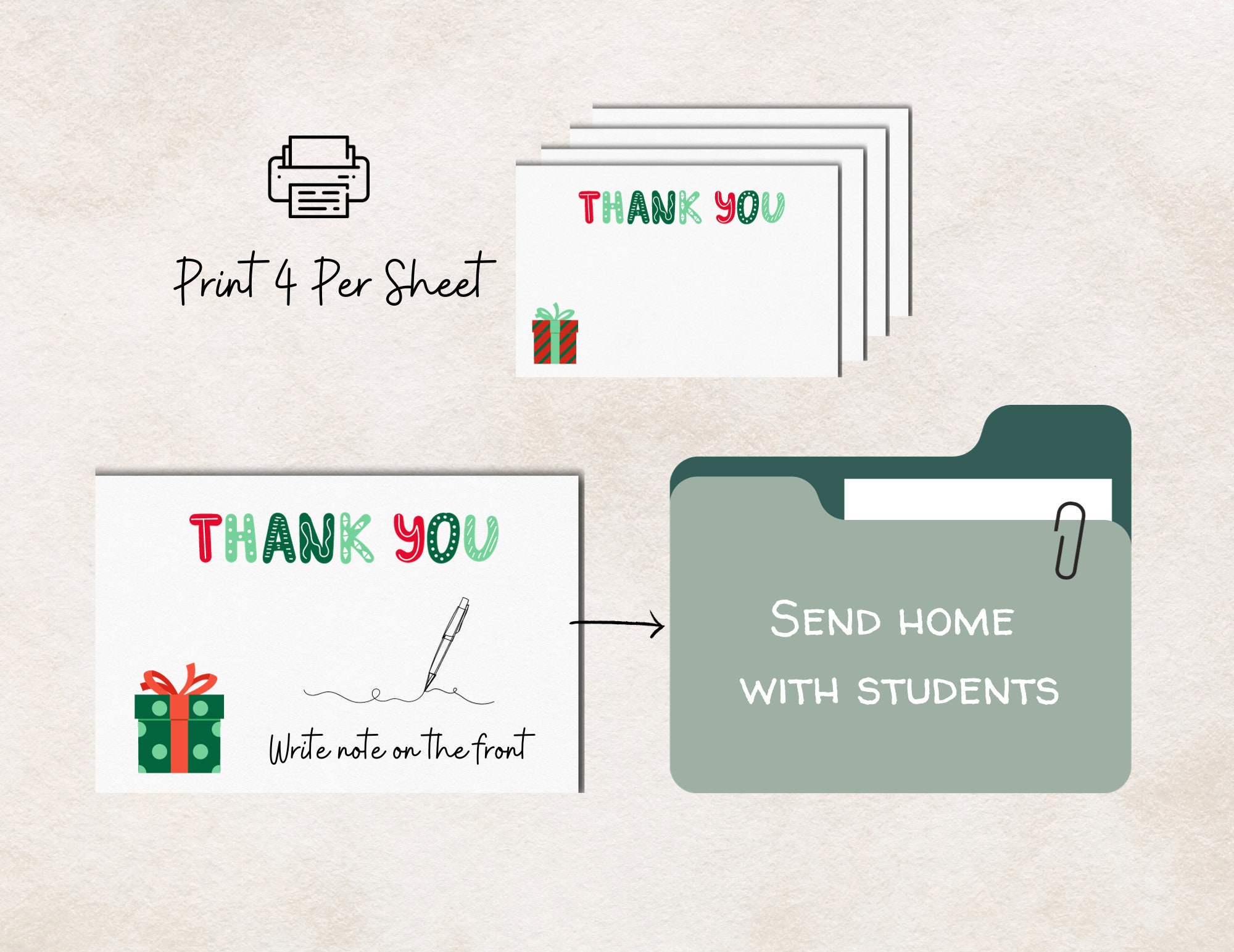 Printable Christmas Thank You Cards, Holiday Thank You Note, Teachers ...