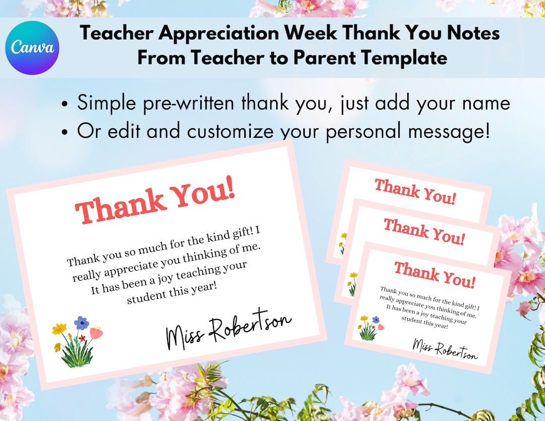 Teacher Appreciation Thank You Card From Teacher to Parents, Editable ...