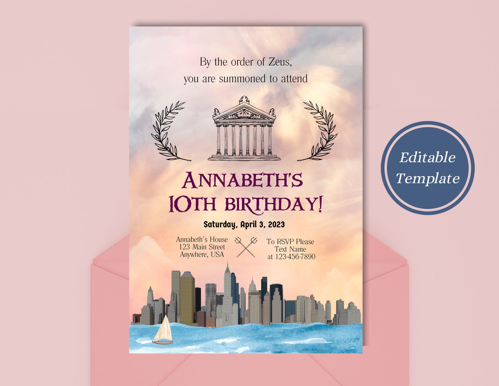 Percy Jackson Birthday Invitation Template, Girl Design, Watercolors ...