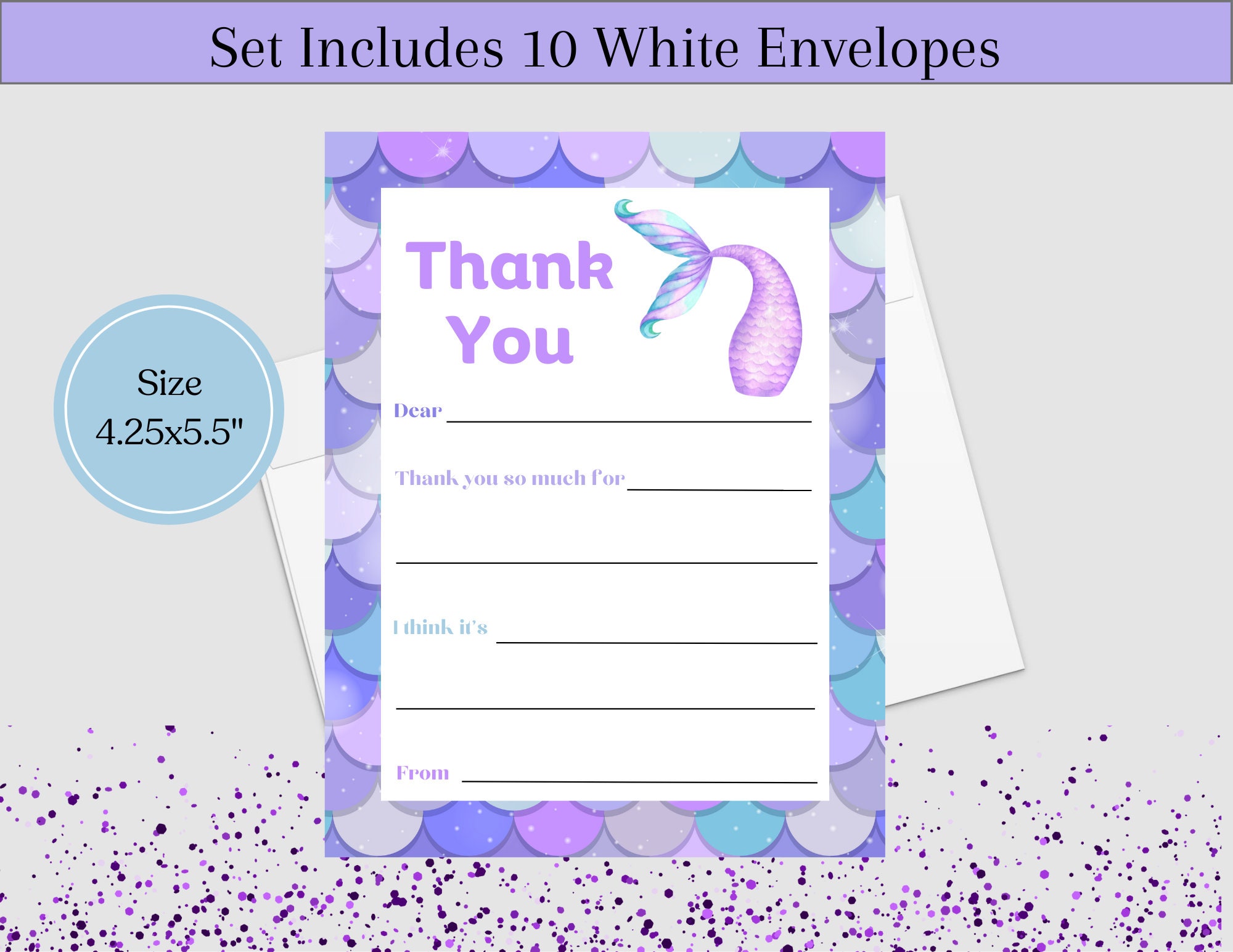 Set of 10 Mermaid Fill in the Blank Thank You Cards, Under the Sea ...