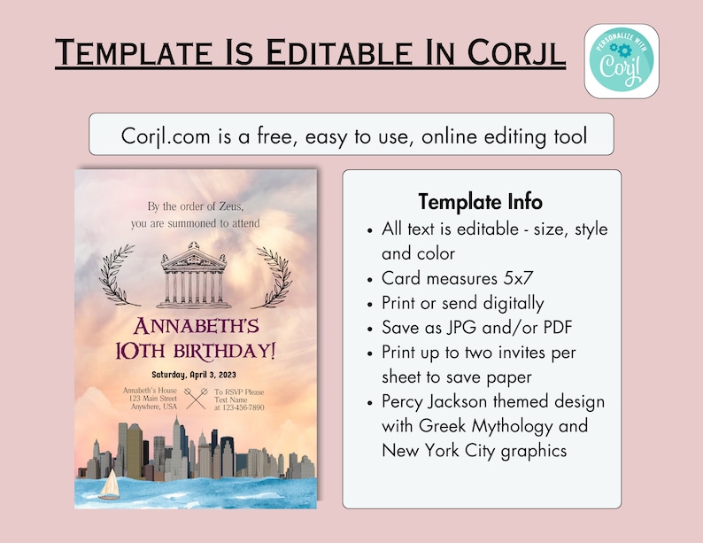 Percy Jackson Birthday Invitation Template, Girl Design, Watercolors ...