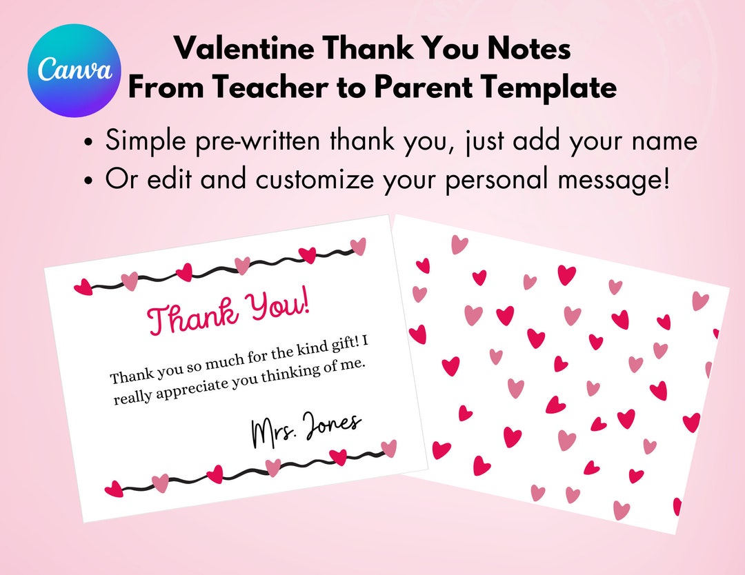 Valentine Theme Thank You Card From Teacher to Parents, Editable ...