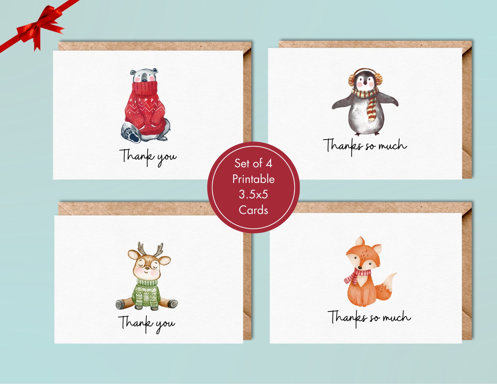 Printable Christmas Thank You Card Set, Winter Wonderland Animals ...
