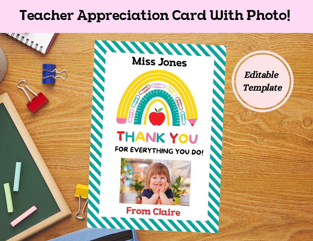 Teacher Appreciation Card With Child Photo, Editable Template, Photo ...