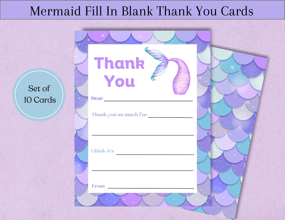 Set of 10 Mermaid Fill in the Blank Thank You Cards, Under the Sea ...
