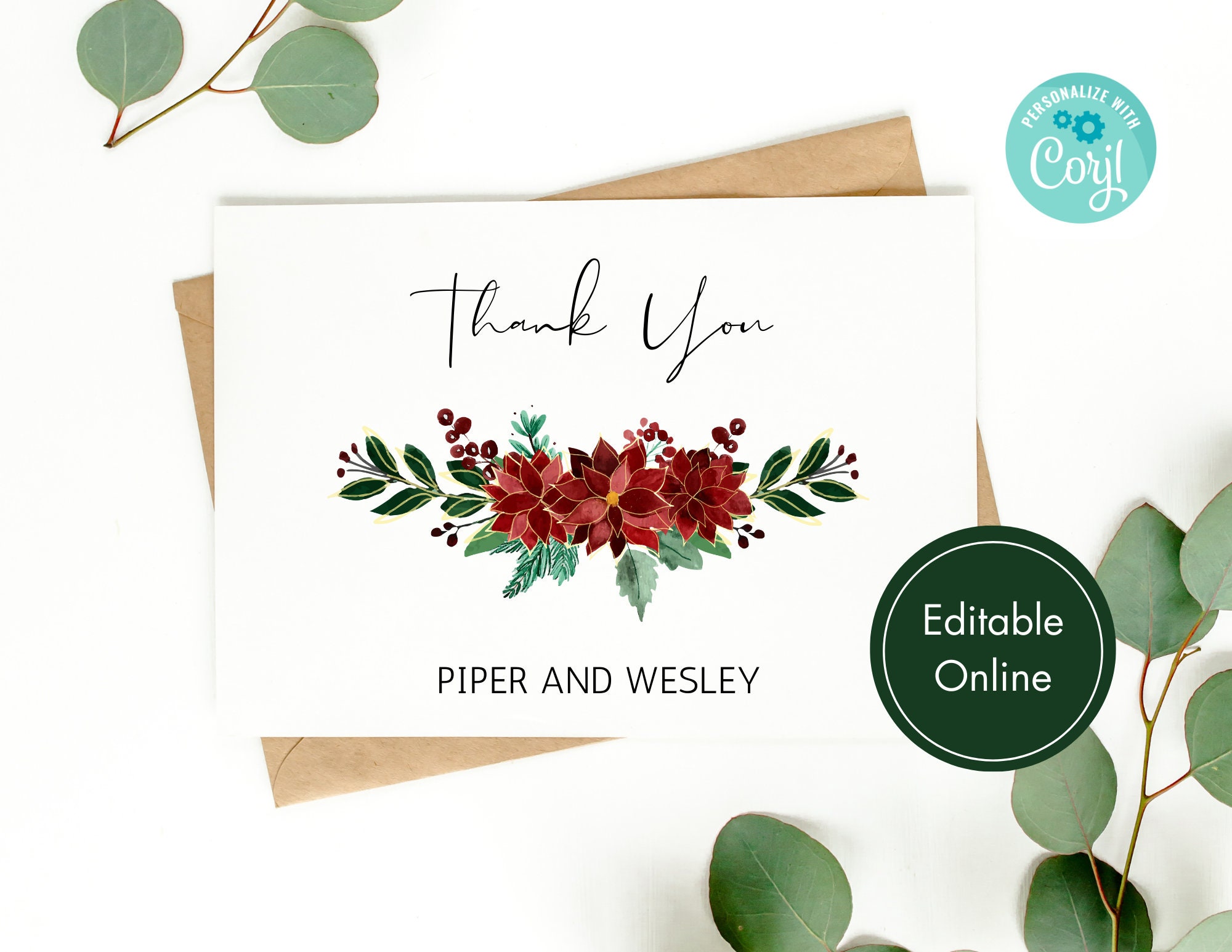 Printable Christmas Thank You Card, Printable Christmas Thank You Note ...