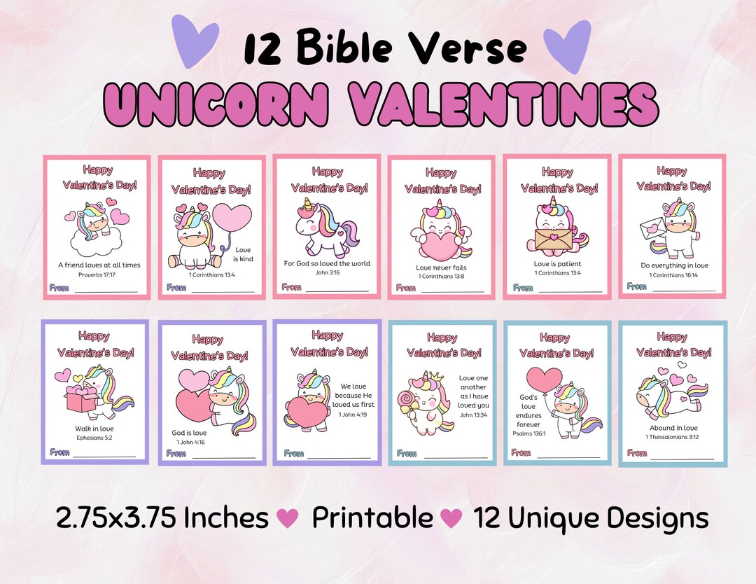 Unicorn Bible Verse Valentine Cards Printable Christian Valentine's for ...