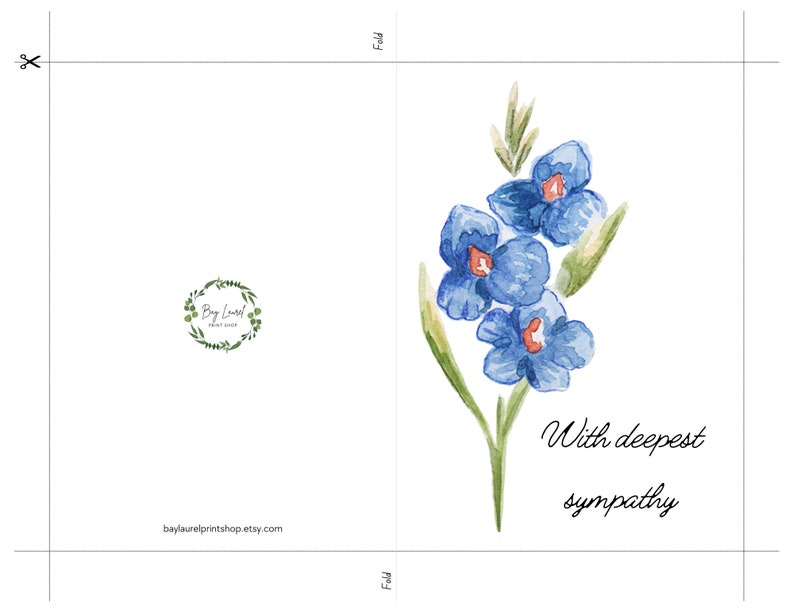 Printable Sympathy Card, Blue Flowers, Floral, Bereavement Card ...