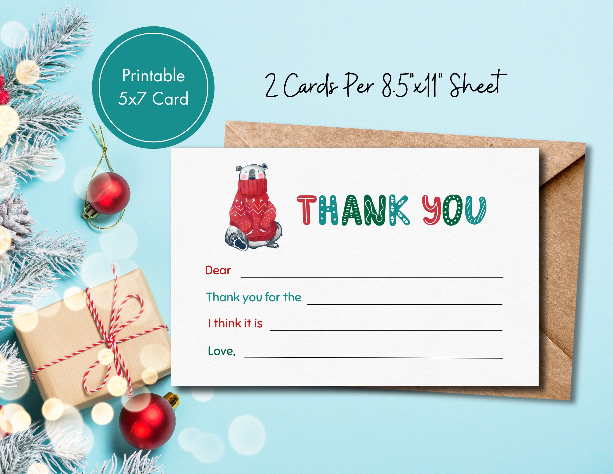 Christmas Kids Thank You Card Printable Fill in the Blank Christmas ...