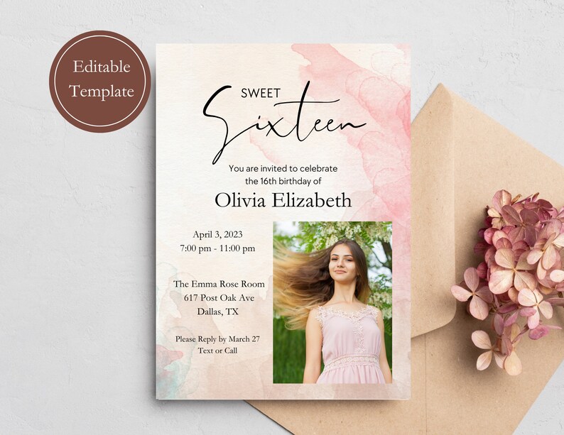 Sweet 16 Invite, Editable Template, Sweet Sixteen Birthday Invitation ...