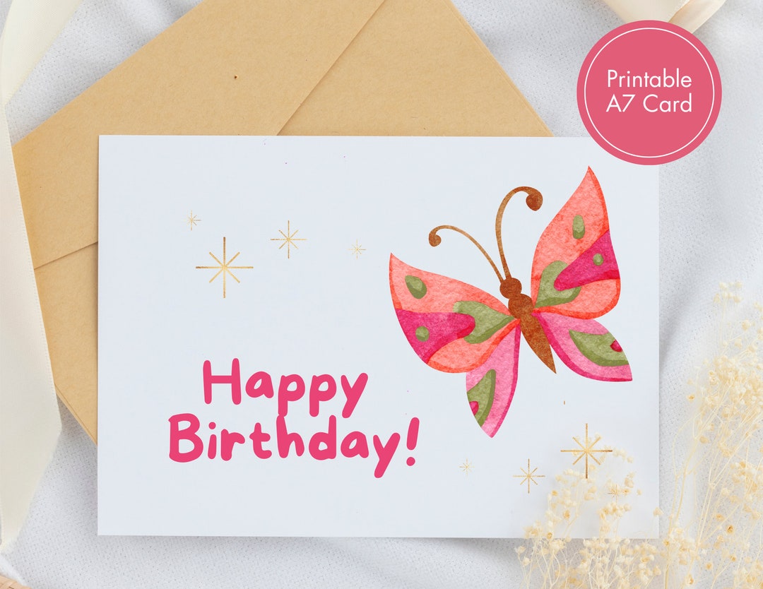 Printable Girls Birthday Card, Butterfly Birthday Card, 5x7, Pink ...
