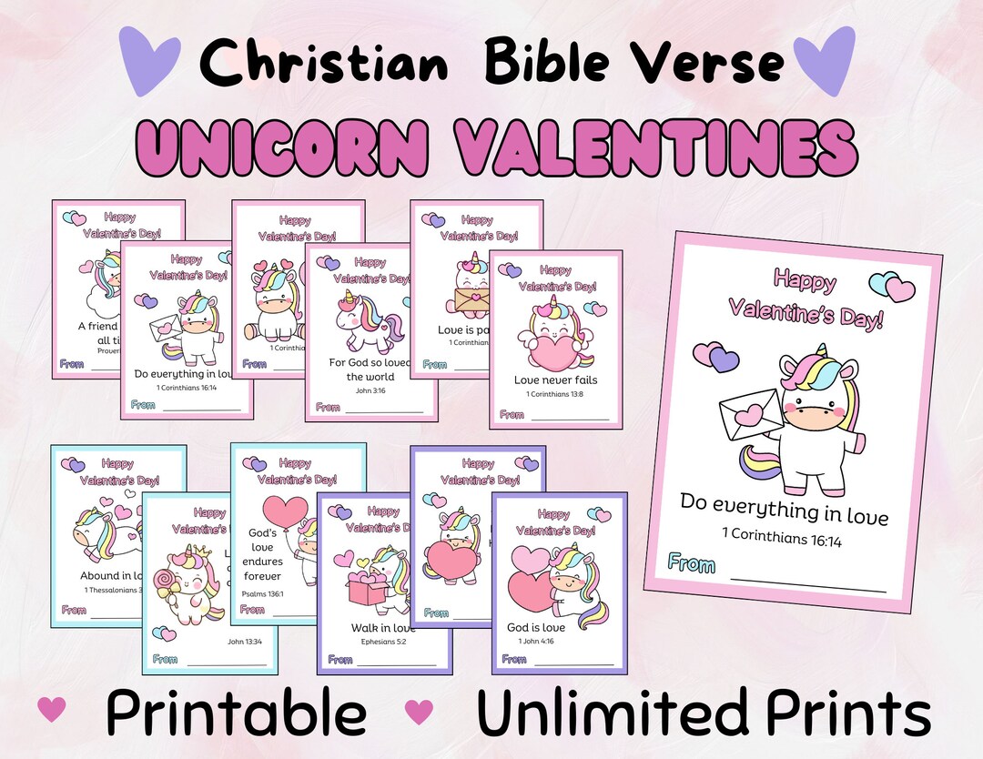 Unicorn Bible Verse Valentine Cards | Printable | Christian Valentine's ...
