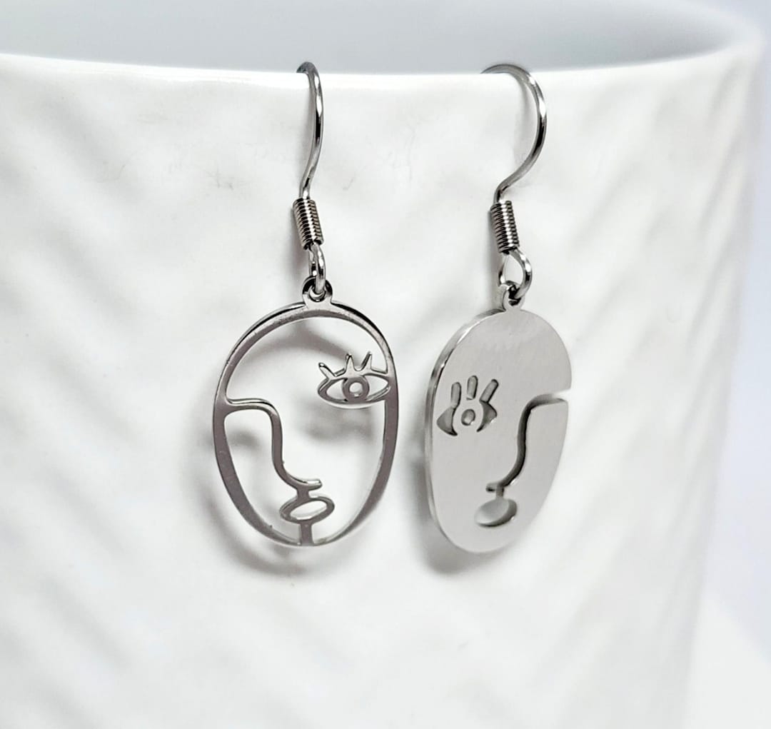 Silver Face Earrings / Picasso Face Earrings / Stainless Steel Earrings ...