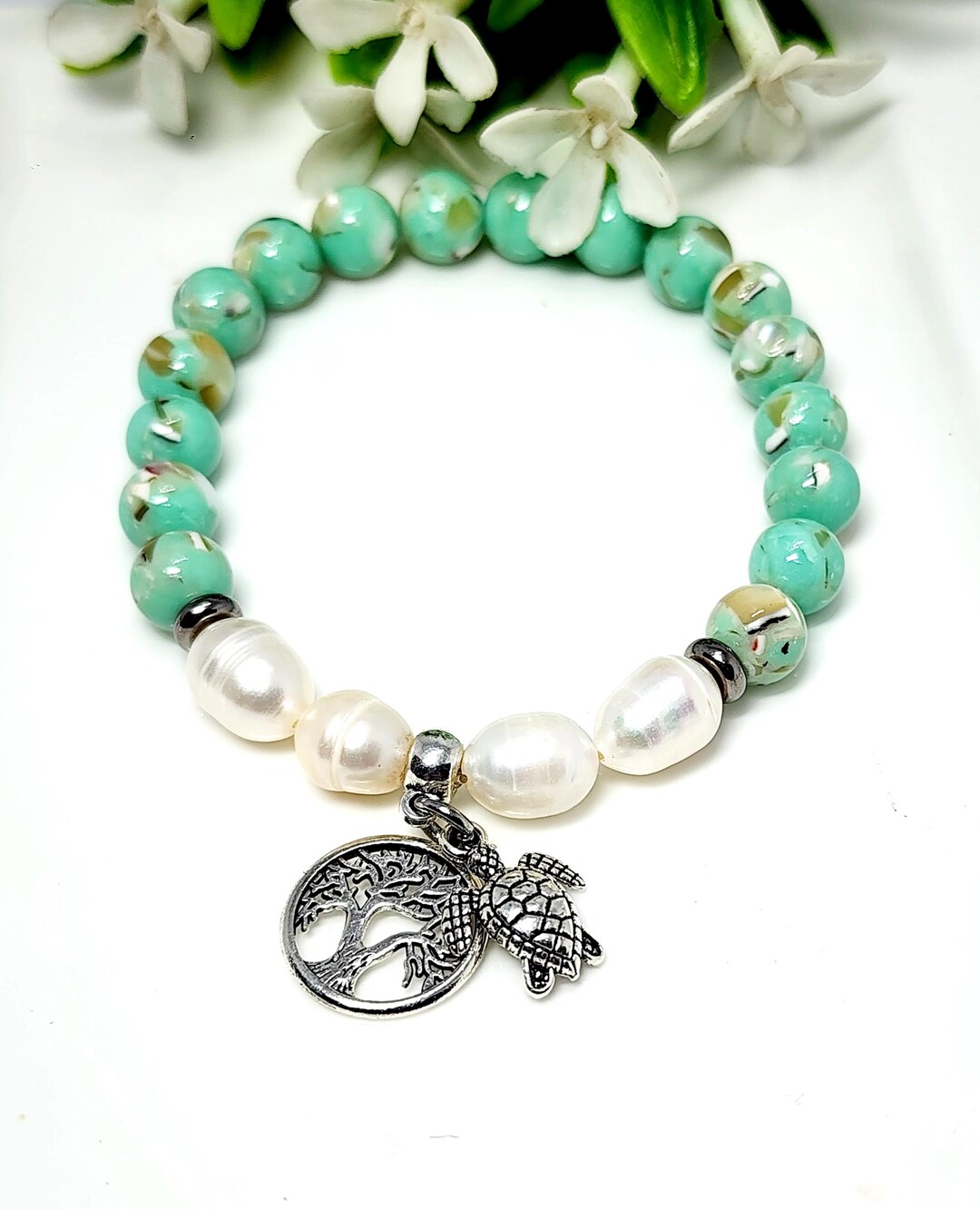 Tree of Life Turtle Charm Bracelet With Freshwater Pearls and Green ...