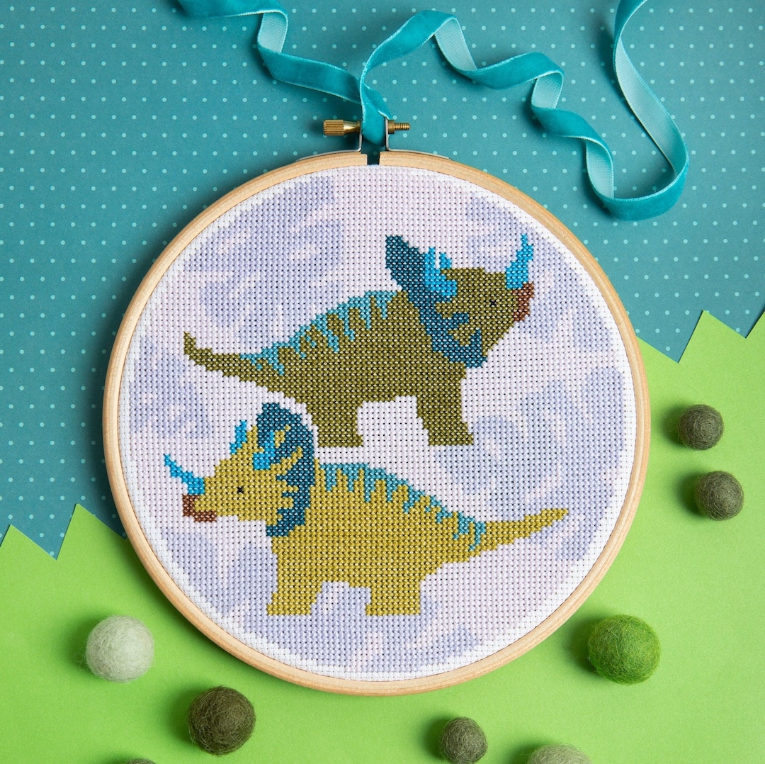Triceratops Cross Stitch Kit - Beginners Craft Set - X-stitch Pattern ...