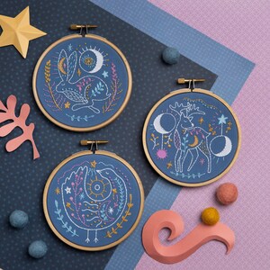 Celestial Hare Mini Embroidery Kit - Running Hare Pattern - Moon and ...