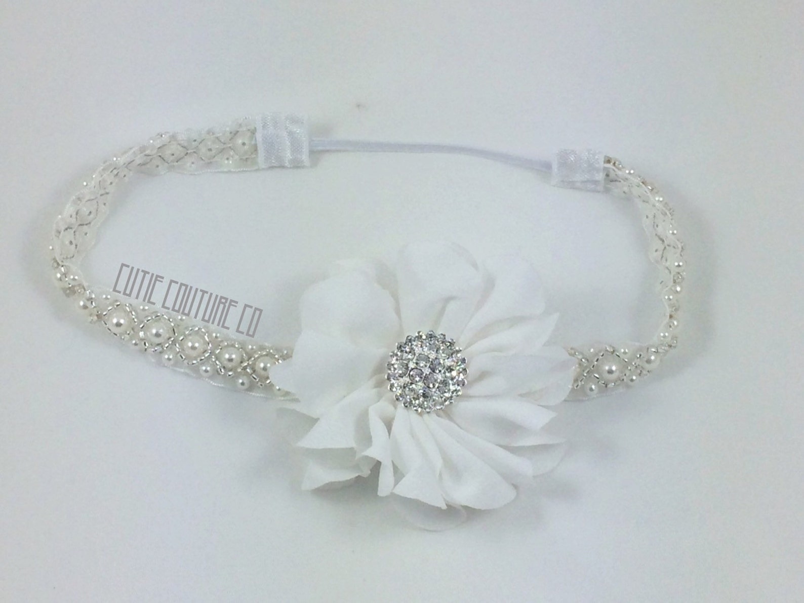 White Headband, White Flower Girl Headband, White Baptism Headband ...