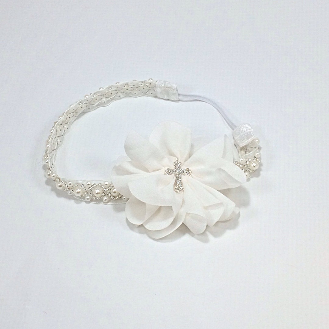White Baptism Headband, White Christening Headband, Communion Headband ...