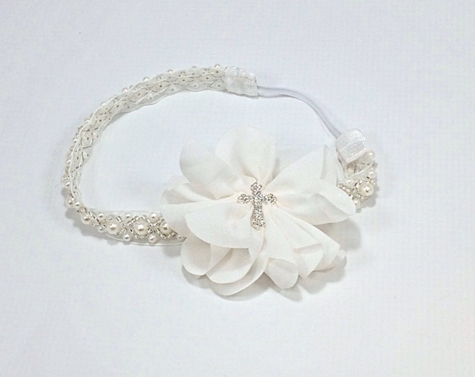 White Baptism Headband, White Christening Headband, Communion Headband ...